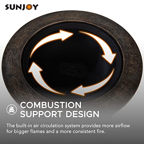 Sunjoy 32 in. Fire Pits for Outside, Patio Round Stone Wood-Burning Large Fire Pits with Mesh Spark Screen and Fire Poker for Outside, Brown and Gray