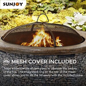 Sunjoy 32 in. Fire Pits for Outside, Patio Round Stone Wood-Burning Large Fire Pits with Mesh Spark Screen and Fire Poker for Outside, Brown and Gray