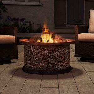 Sunjoy 32 in. Fire Pits for Outside, Patio Round Stone Wood-Burning Large Fire Pits with Mesh Spark Screen and Fire Poker for Outside, Brown and Gray