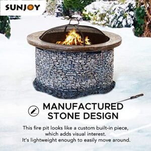 Sunjoy 32 in. Fire Pits for Outside, Patio Round Stone Wood-Burning Large Fire Pits with Mesh Spark Screen and Fire Poker for Outside, Brown and Gray