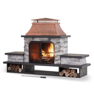 sunjoy outdoor fireplace, patio wood burning fireplace with steel chimney, mesh spark screen doors, fire poker, and removable grate, copper and black