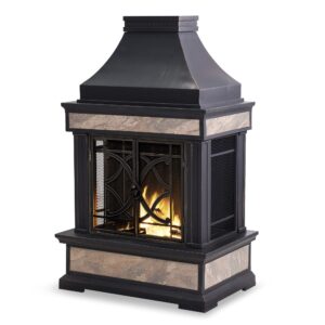 sunjoy outdoor fireplace, heirloom patio wood burning steel fireplace with chimney, spark screen, fire poker, and removable grate, black