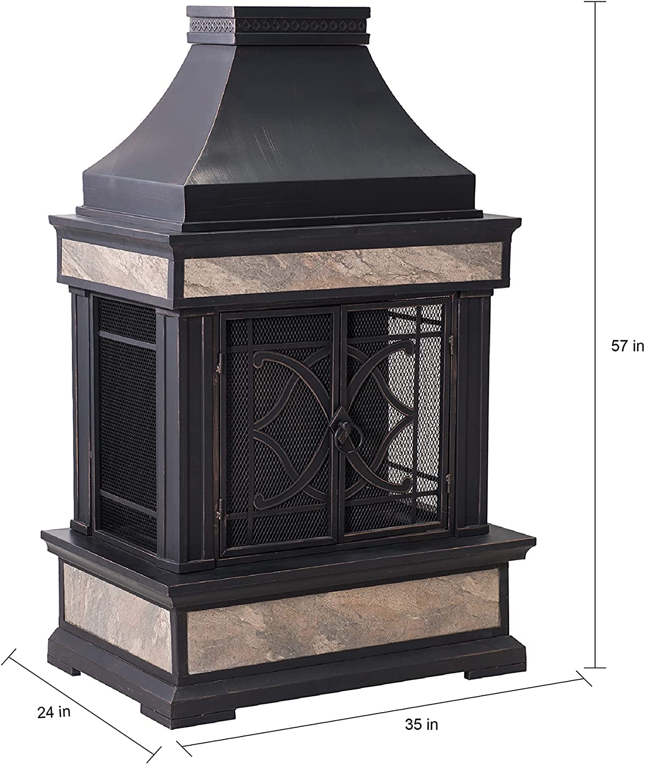 Sunjoy Outdoor Fireplace, Heirloom Patio Wood Burning Steel Fireplace with Chimney, Spark Screen, Fire Poker, and Removable Grate, Black