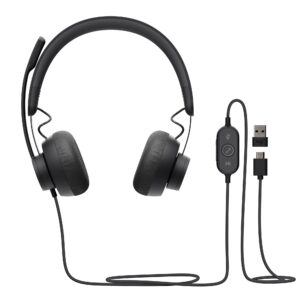 logitech zone wired headset, certified for microsoft teams with advanced noise-canceling mic technology for open office environments, usb-c with usb-a adapter, graphite