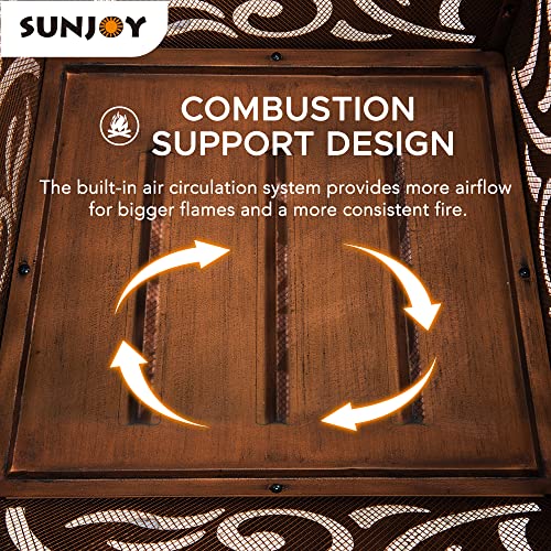 Sunjoy 26 in. Fire Pit for Outside, Patio Square Wood Burning Extra Deep Firepits with Spark Screen and Poker, Copper