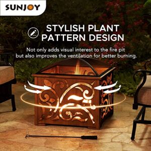 Sunjoy 26 in. Fire Pit for Outside, Patio Square Wood Burning Extra Deep Firepits with Spark Screen and Poker, Copper