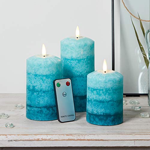 Lights4fun, Inc. Set of 3 TruGlow Gradient Blue Wax Flameless LED Battery Operated Pillar Candles with Remote Control