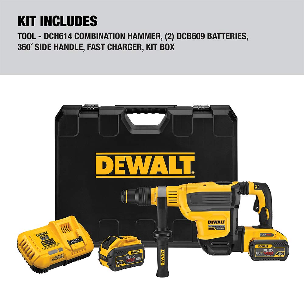 DEWALT 60V SDS MAX Rotary Hammer Drill, Cordless, 1 3/4 in., (2) Batteries (DCH614X2)