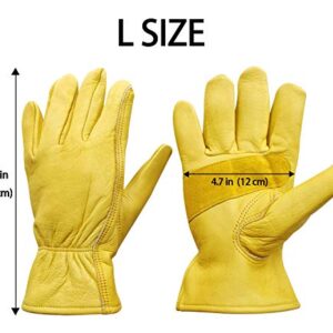 Leather Work Gloves Stretchable Wrist Tough Cowhide Safe Working Glove (3, Large)