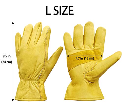 Leather Work Gloves Stretchable Wrist Tough Cowhide Safe Working Glove (3, Large)