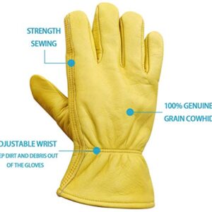 Leather Work Gloves Stretchable Wrist Tough Cowhide Safe Working Glove (3, Large)