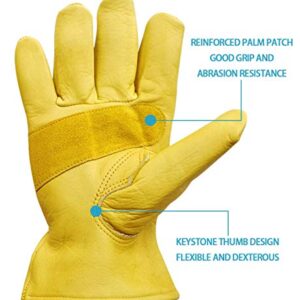 Leather Work Gloves Stretchable Wrist Tough Cowhide Safe Working Glove (3, Large)