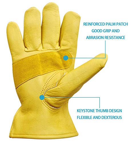 Leather Work Gloves Stretchable Wrist Tough Cowhide Safe Working Glove (3, Large)