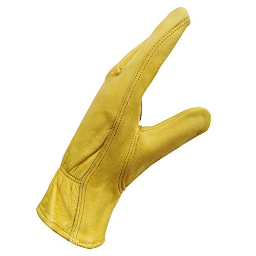 Leather Work Gloves Stretchable Wrist Tough Cowhide Safe Working Glove (3, Large)