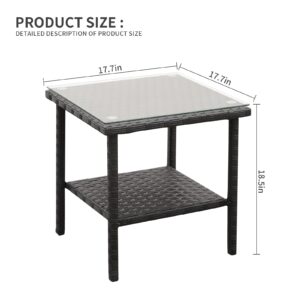 Outdoor Wicker Glass Top Side Table - Patio Balcony Deck Pool Square End Table with Storage, Black