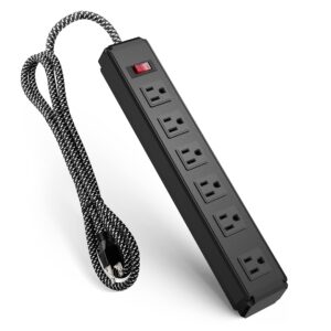 6 outlets metal power strip surge protector with long extension cord 6 feet, 3 prong wall mountable, overload protection switch on/off, black heavy duty power strip for home, office, dorm essentials