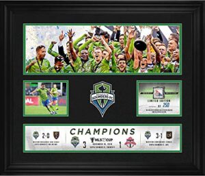 seattle sounders fc 2019 mls cup champions framed 20'' x 24'' collage with a piece of match-used ball from the 2019 mls cup - limited edition of 250 - soccer plaques and collages