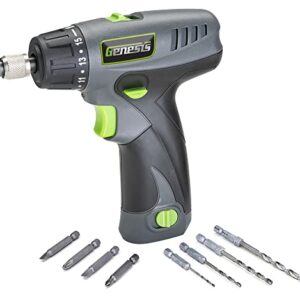 Genesis GLSD08B 8V Lithium-Ion Battery-Powered Quick-Change 2-Speed Cordless Screwdriver with LED Work Light, Battery Pack, Charging Stand, 4 Hex-Shank Drill Bits, and 4 Screwdriver Bits