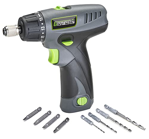 Genesis GLSD08B 8V Lithium-Ion Battery-Powered Quick-Change 2-Speed Cordless Screwdriver with LED Work Light, Battery Pack, Charging Stand, 4 Hex-Shank Drill Bits, and 4 Screwdriver Bits