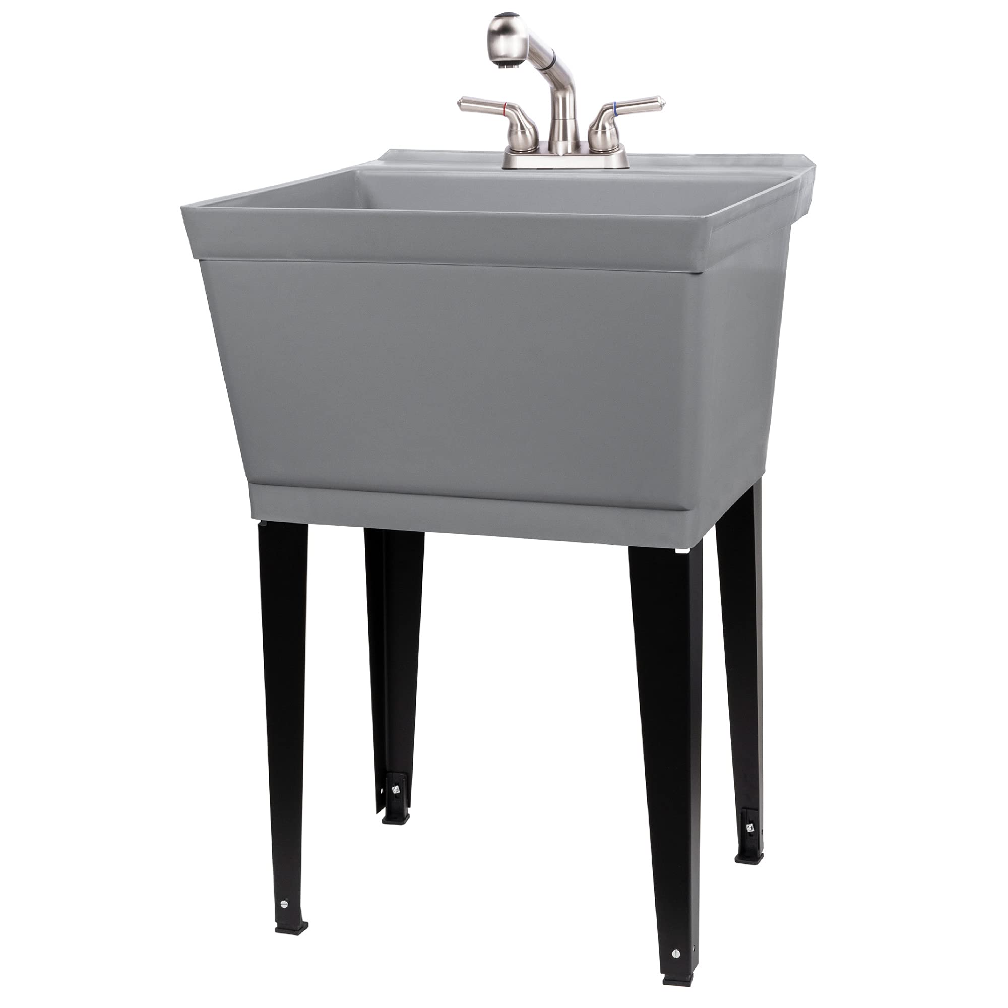 Grey Utility Sink Laundry Tub With Pull Out Stainless Steel Finish Faucet, Sprayer Spout, Heavy Duty Slop Sinks For Basement, Garage or Shop, Large Free Standing Wash Station Tubs and Drainage