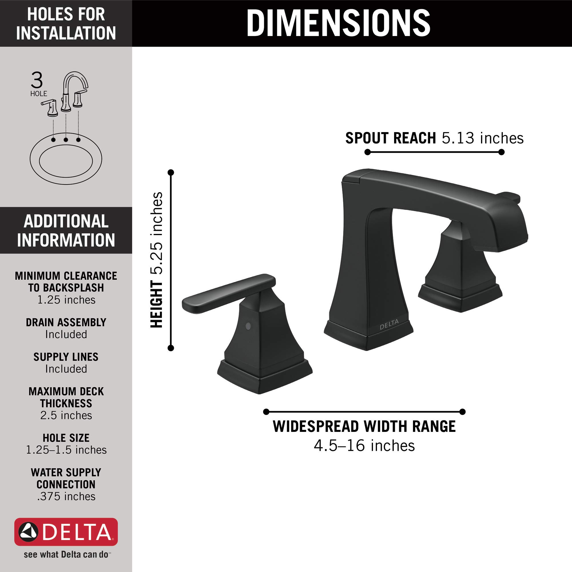 Delta Faucet Ashlyn Widespread Bathroom Faucet 3 Hole, Matte Black Bathroom Faucet Black, Bathroom Sink Faucet, DIAMOND Seal Technology, Metal Drain Assembly, Matte Black 3564-BLMPU-DST