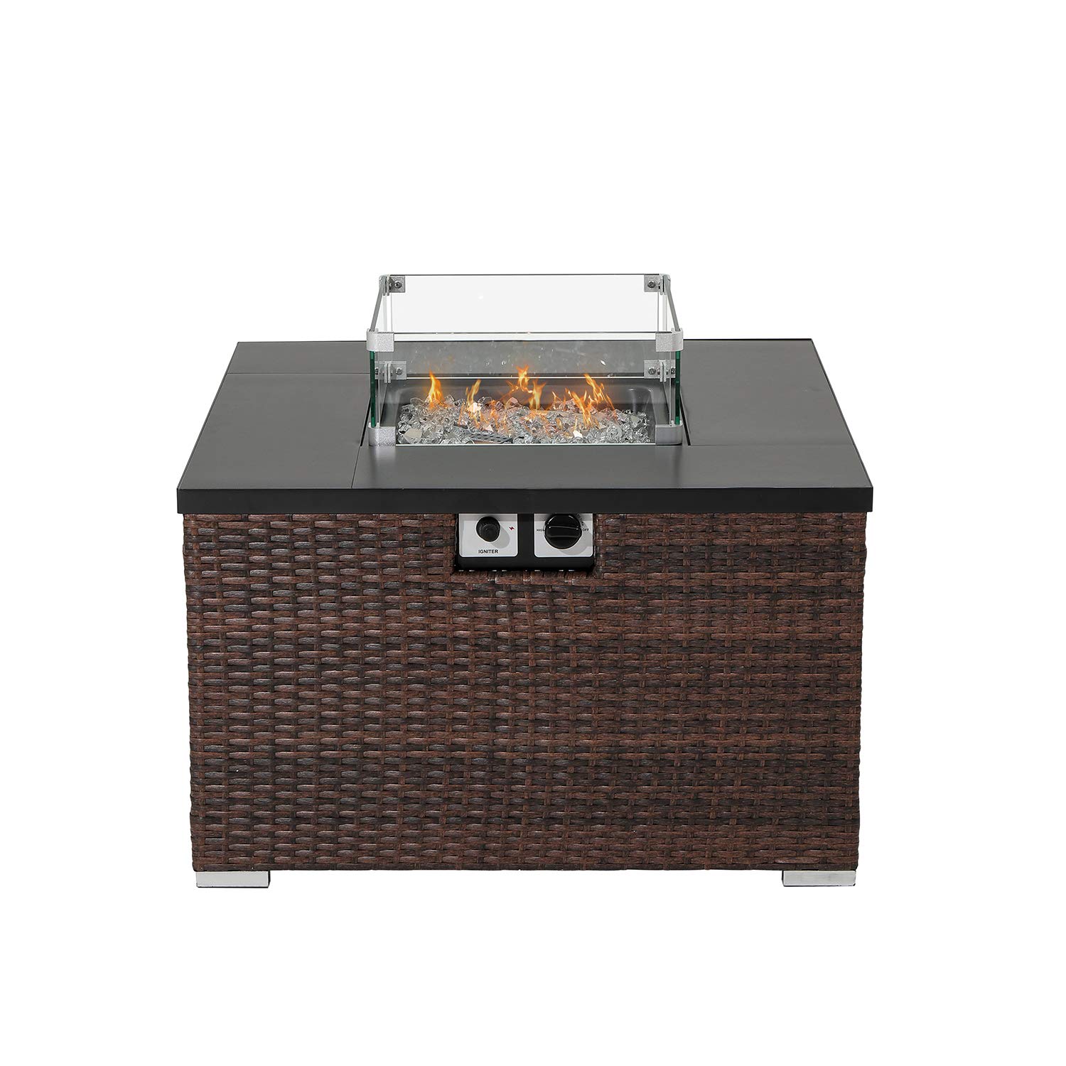 HOMPUS Propane Patio Fire Pit Table with Wind Guard, Lava Rocks and Rain Cover for Outdoor Leisure Party,40,000 BTU 32-inch Square Dark Brown Wicker Fire Table, Tank Outside