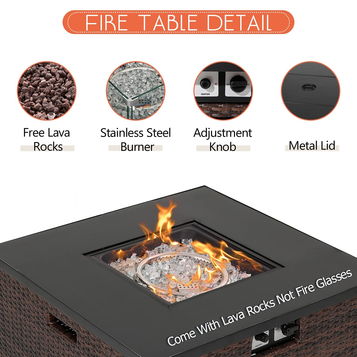 HOMPUS Propane Patio Fire Pit Table with Wind Guard, Lava Rocks and Rain Cover for Outdoor Leisure Party,40,000 BTU 32-inch Square Dark Brown Wicker Fire Table, Tank Outside