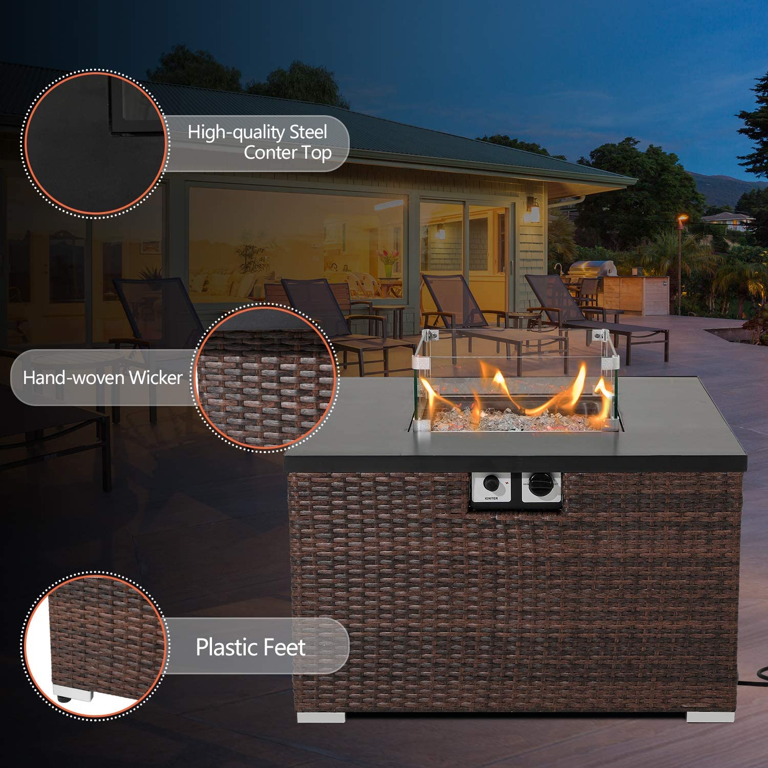 HOMPUS Propane Patio Fire Pit Table with Wind Guard, Lava Rocks and Rain Cover for Outdoor Leisure Party,40,000 BTU 32-inch Square Dark Brown Wicker Fire Table, Tank Outside