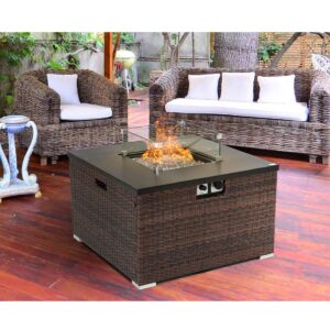 HOMPUS Propane Patio Fire Pit Table with Wind Guard, Lava Rocks and Rain Cover for Outdoor Leisure Party,40,000 BTU 32-inch Square Dark Brown Wicker Fire Table, Tank Outside