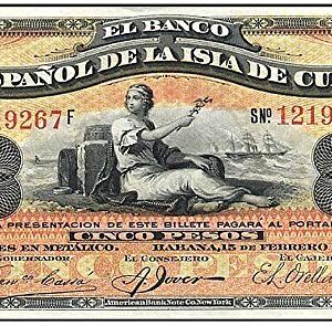 1896 CU RARE SPANISH COLONIAL CUBA 5 SILVER PESOS! 5 SILVER PESOS XF or Better