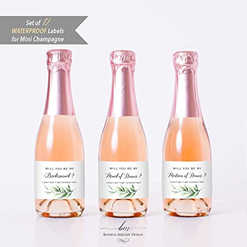 Set of 12 Greenery Bridesmaid Proposal Mini Champagne Bottle Labels, WATERPROOF Polyester Mini Wine Bottle Labels, Proposal Idea for Bridesmaids, Maid of Honor & Matron of Honor