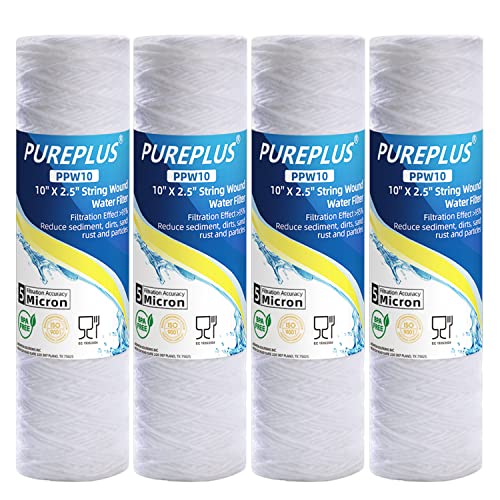 5 Micron 10"x2.5" Whole House String Wound Sediment Filter for Well Water, Replacement Cartridge for Universal 10 inch RO System, WP-5, Aqua-Pure AP110, CFS110, Culligan P5, WFPFC4002, CW-MF, 4Pack