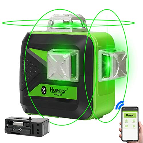 Huepar 3 x 360 Green Beam 3D Laser Level with Bluetooth Connectivity Three-Plane Self-Leveling and Alignment Cross Line Laser Level -One 360° Horizontal and Two 360° Vertical Lines Laser Tool 603CG-BT