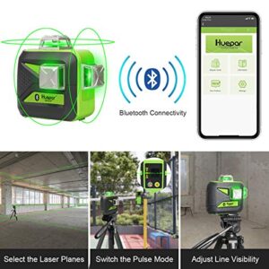 Huepar 3 x 360 Green Beam 3D Laser Level with Bluetooth Connectivity Three-Plane Self-Leveling and Alignment Cross Line Laser Level -One 360° Horizontal and Two 360° Vertical Lines Laser Tool 603CG-BT