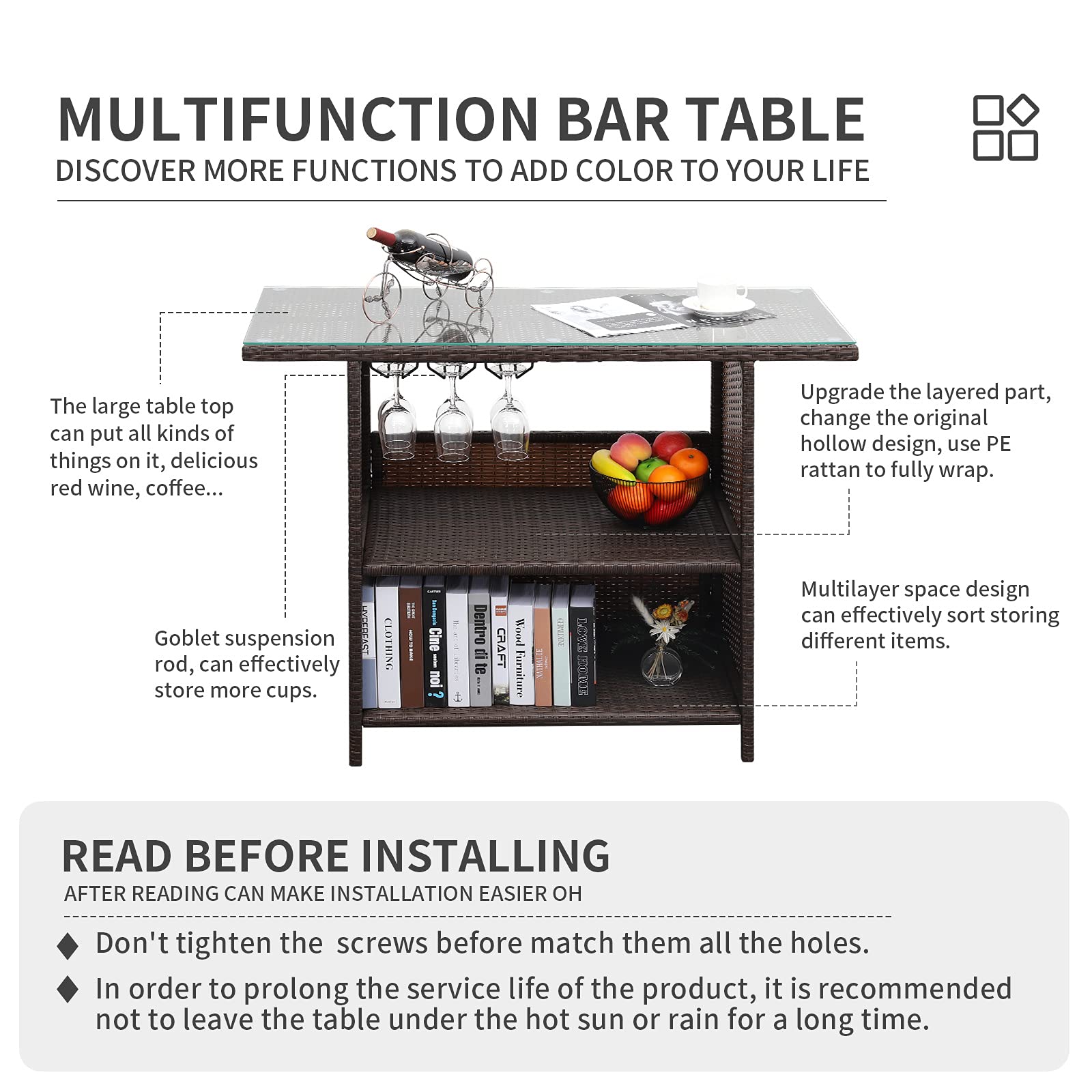 Valita Outdoor PE Wicker Bar Counter Glass Top Table with 2 Steel Shelves Design and 3 Set of Rails Patio Brown Rattan Furniture