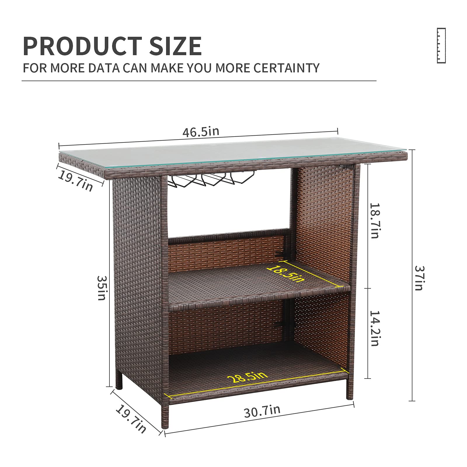 Valita Outdoor PE Wicker Bar Counter Glass Top Table with 2 Steel Shelves Design and 3 Set of Rails Patio Brown Rattan Furniture