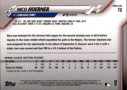 2020 Topps #70 Nico Hoerner Chicago Cubs Rookie Baseball Card