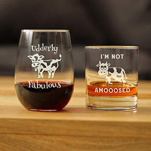 Udderly Fabulous Stemless Wine Glass - Funny Cute Cow Gifts for Women - Fun Cow Themed Decor - Large