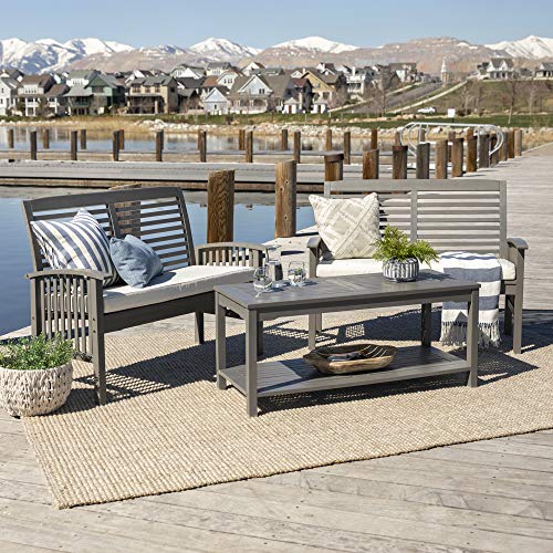 Walker Edison Maui Modern 3 Piece Solid Acacia Wood Slatted Patio Chat Set, Set of 3, Grey Wash