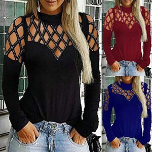 Wulofs Women's Long Sleeves Slim Fit T-Shirt See-Through Mesh Tops Casual Blouse Hollow Tunics Wine