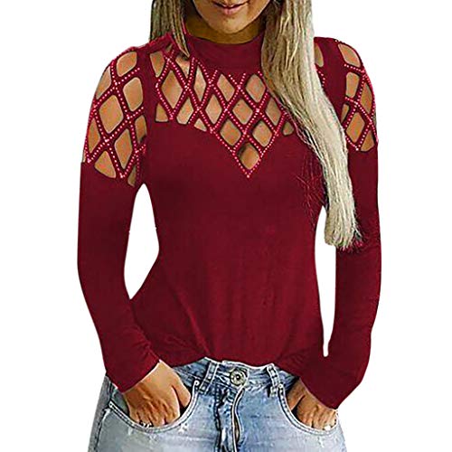 Wulofs Women's Long Sleeves Slim Fit T-Shirt See-Through Mesh Tops Casual Blouse Hollow Tunics Wine