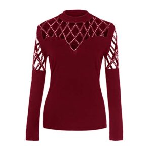 Wulofs Women's Long Sleeves Slim Fit T-Shirt See-Through Mesh Tops Casual Blouse Hollow Tunics Wine