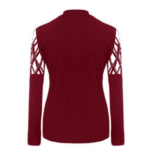 Wulofs Women's Long Sleeves Slim Fit T-Shirt See-Through Mesh Tops Casual Blouse Hollow Tunics Wine