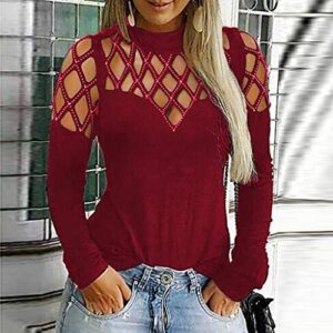 Wulofs Women's Long Sleeves Slim Fit T-Shirt See-Through Mesh Tops Casual Blouse Hollow Tunics Wine