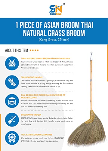 SN SKENNOVA - 1 Piece of Asian Broom Whisk Broom Thai Natural Grass Broom Solid Wood Handle Rattan Hand Grip (Kong Grass, 39 inch)