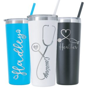 personalized nurse laser engraved 22 oz - laser engraved tumbler with straw, stethoscope, rn, nurse gift, doctor gift, nurse assistant, heartbeat, nursing student