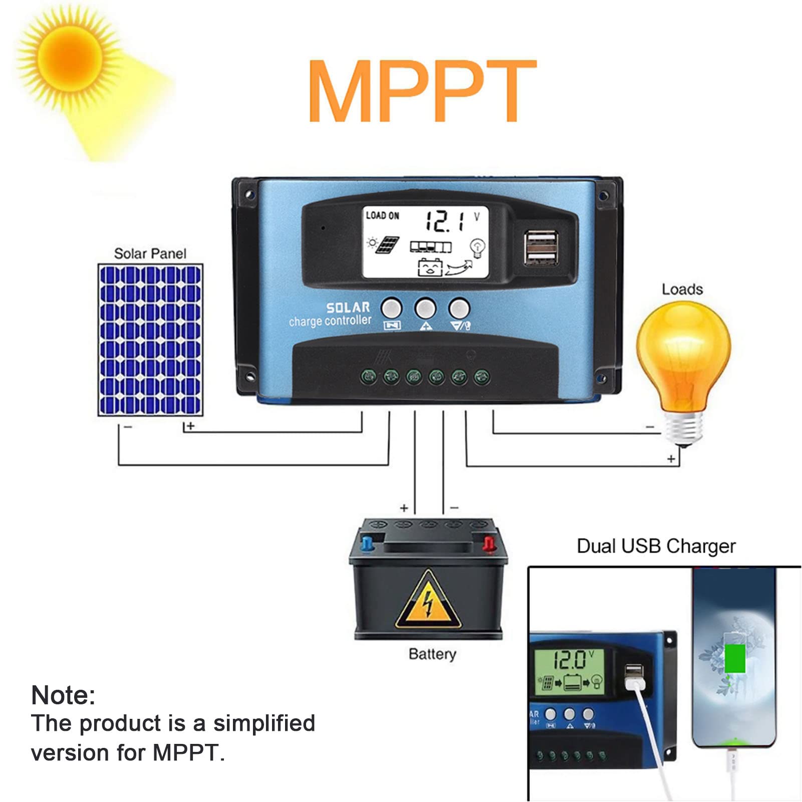 Akozon Solar Charge Controller MPPT Dual USB LCD Display Solar Battery Solar Panel Kit 40A/50A/60A/100A(100A)