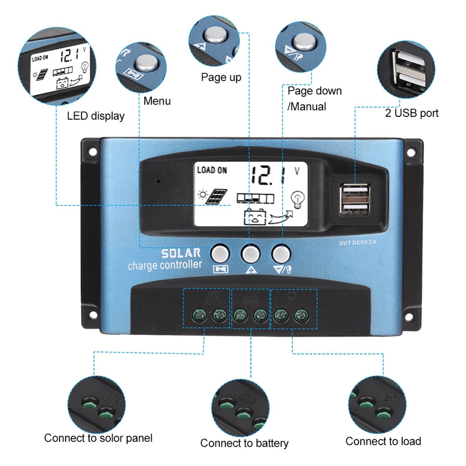 Akozon Solar Charge Controller MPPT Dual USB LCD Display Solar Battery Solar Panel Kit 40A/50A/60A/100A(100A)