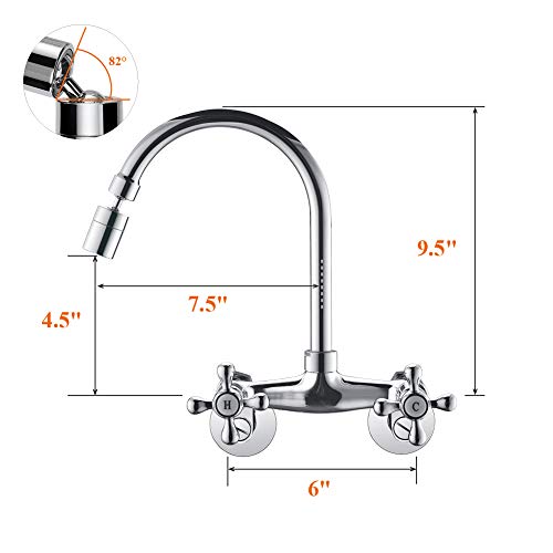 (Upgraded) Wall Mount Kitchen Sink Faucet, 6 Inch Center Sink Faucet, in Wall Faucet Kitchen Sink, Kitchen Wall Faucets, Wall Faucet Sink, Two Cross Handles Kitchen Faucet, Chrome, RULIA RB1026