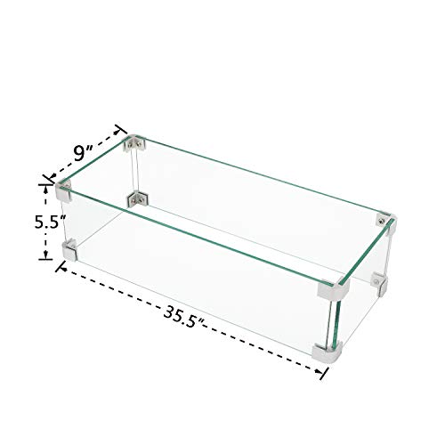 HOMPUS Rectangle Glass Wind Guard, 35.5x9x5.5 inches Tempered Glass for Outdoor Fire Table